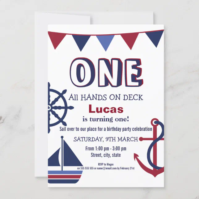 Red & Blue Boys First Birthday Nautical Invitation | Zazzle