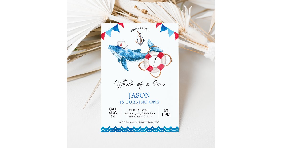 Red Blue Boys Whale of a Time 1st Birthday Invitation | Zazzle