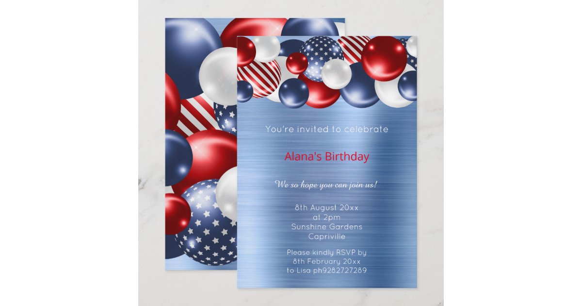 RED BLUE BRUSHED METALLIC PATRIOTIC BALLOON INVITATION | Zazzle
