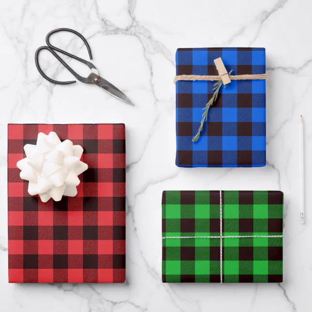Red Blue Green Buffalo Plaid Checked Pattern Wrapping Paper Sheets | Zazzle
