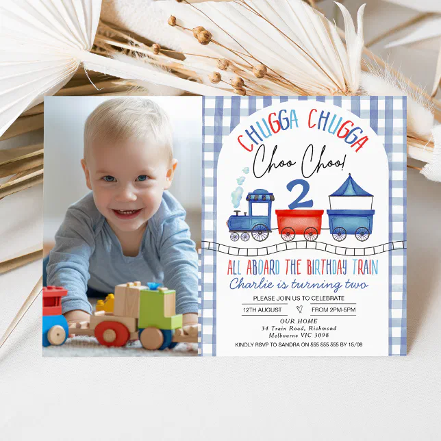 Red Blue Modern Arch Photo Train Birthday Invitation | Zazzle