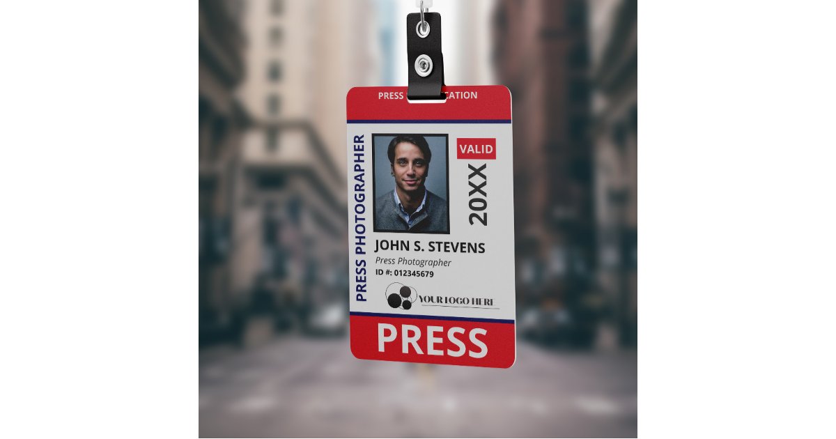 Red Blue Photo & Logo Press ID Badge | Zazzle