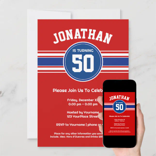 Red Blue Sports Jersey Birthday party Invitation | Zazzle