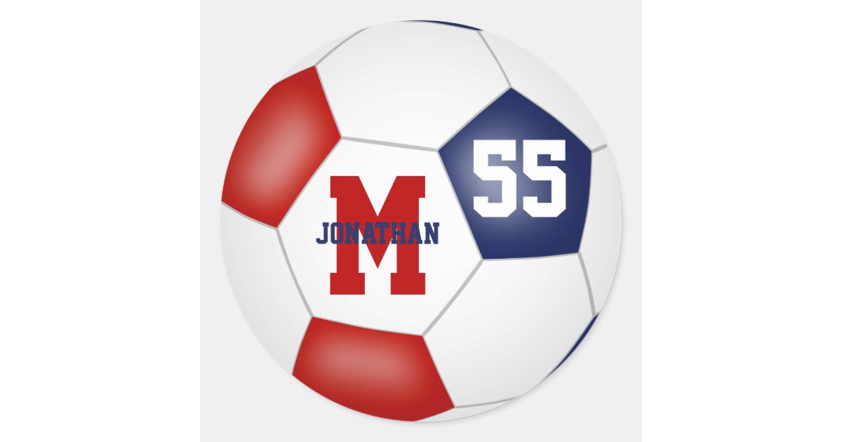 red blue team colors soccer ball personalized classic round sticker ...