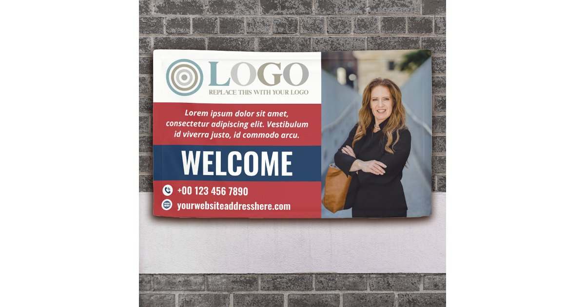 Red Blue Welcome Small Business Photo Logo Banner | Zazzle
