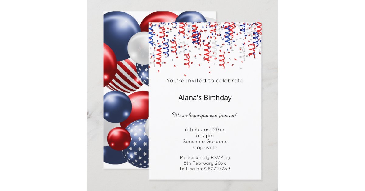 RED BLUE WHITE PATRIOTIC STREAMERS BIRTHDAY INVITATION | Zazzle
