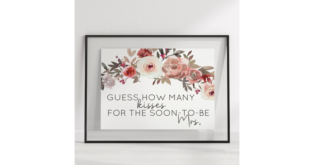 Red Blush Floral Roses Guess How Many Kisses Game Poster | Zazzle