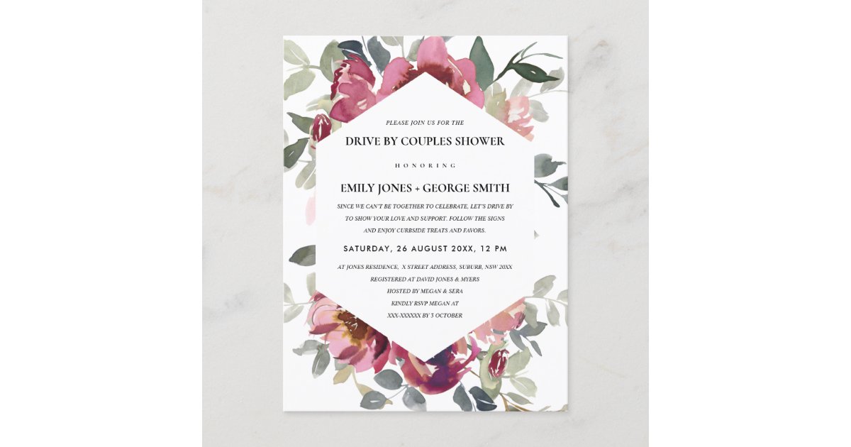 RED BLUSH ROSE FLORAL DRIVE BY COUPLES SHOWER POSTCARD | Zazzle.com