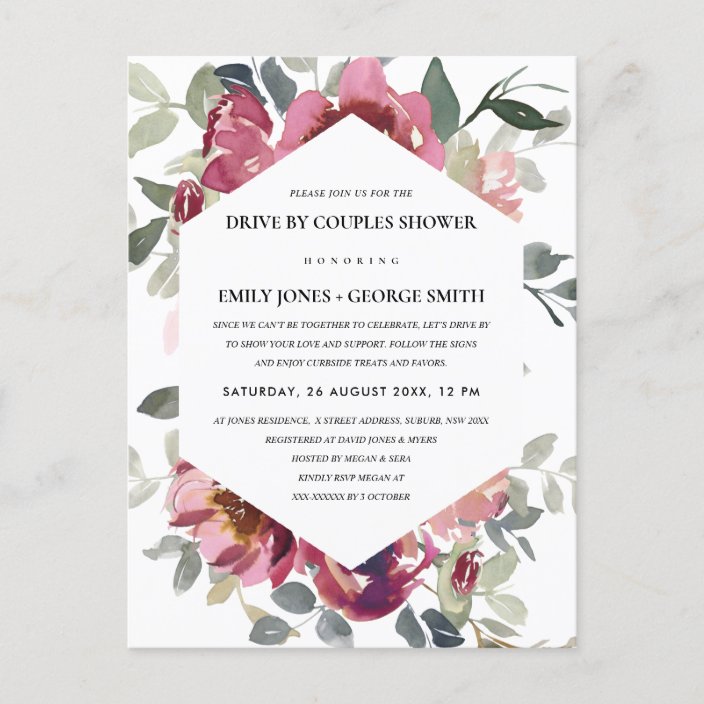 RED BLUSH ROSE FLORAL DRIVE BY COUPLES SHOWER POSTCARD | Zazzle.com