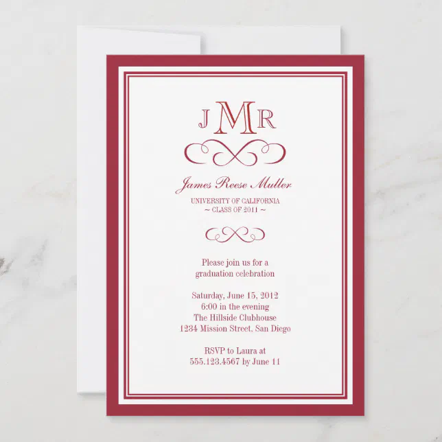 Red border frame classy monogram graduation invitation | Zazzle