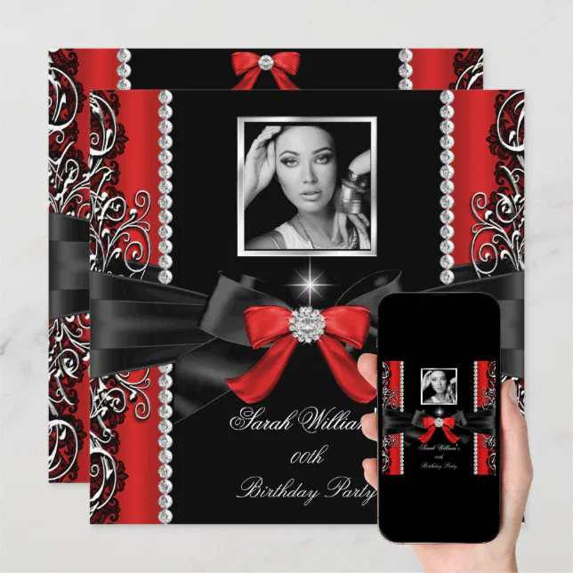 Red Bow Birthday Party Black Silver Photo Invitation | Zazzle