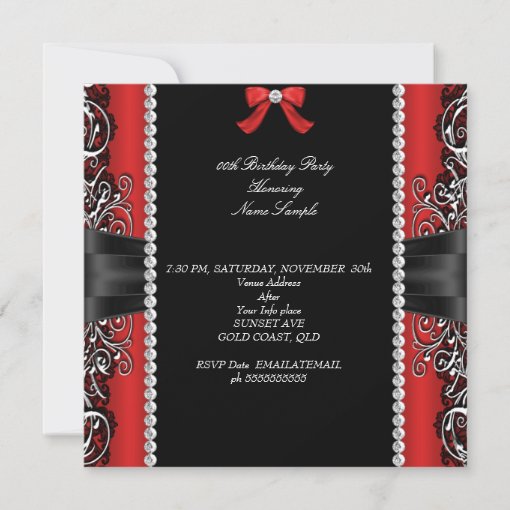 Red Bow Birthday Party Black Silver Photo Invitation | Zazzle