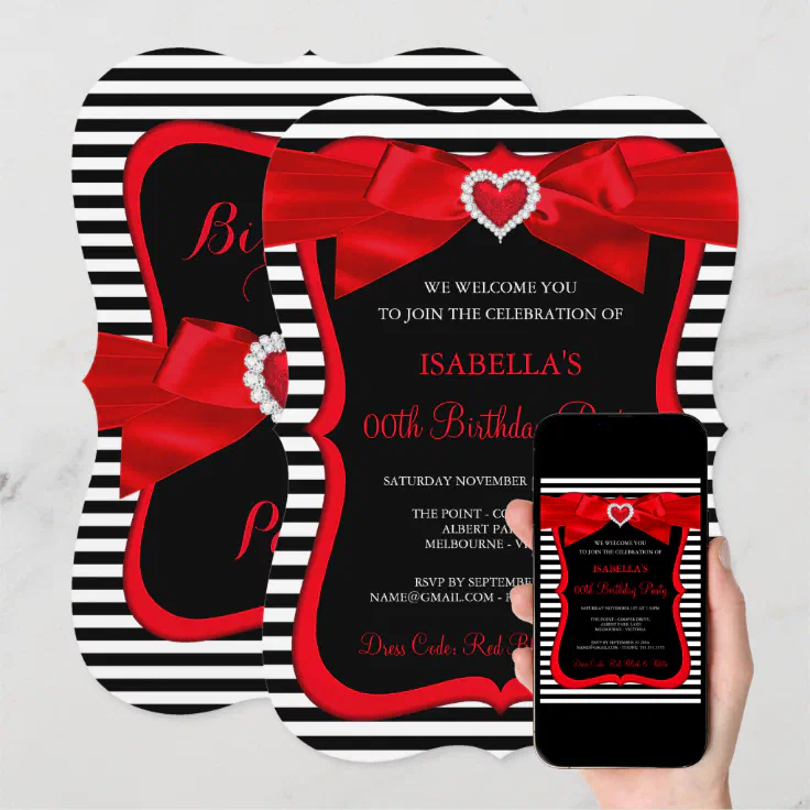 Red Bow Black White Stripe Birthday Party Invitation | Zazzle