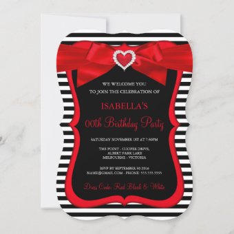 Red Bow Black White Stripe Birthday Party Invitation | Zazzle