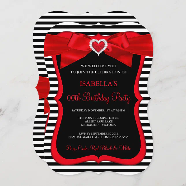 Red Bow Black White Stripe Birthday Party Invitation | Zazzle
