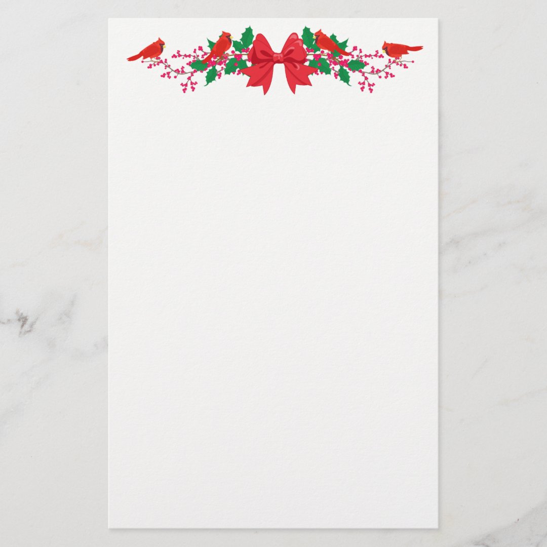 Red Bow Cardinals Top Border Holiday Stationery | Zazzle