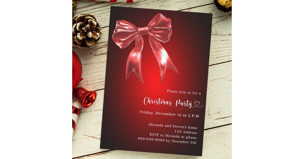 Red bow Christmas Party Invitation | Zazzle