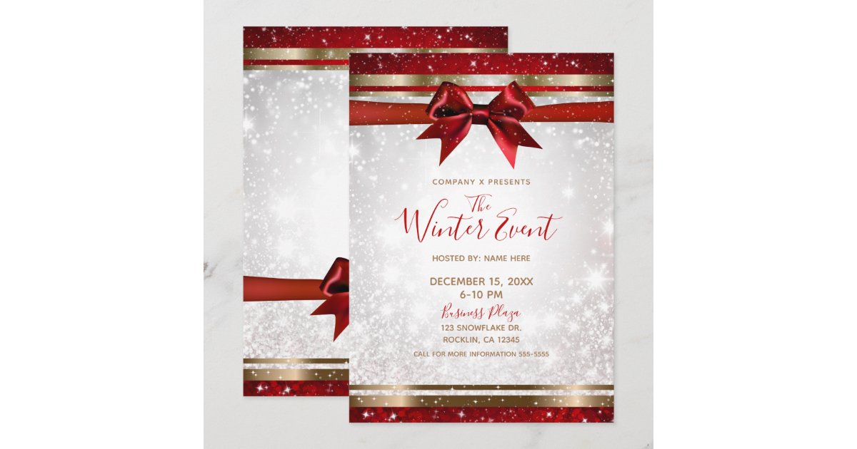 Red Bow & Gold White Sparkle Elegant Holiday Event Invitation | Zazzle