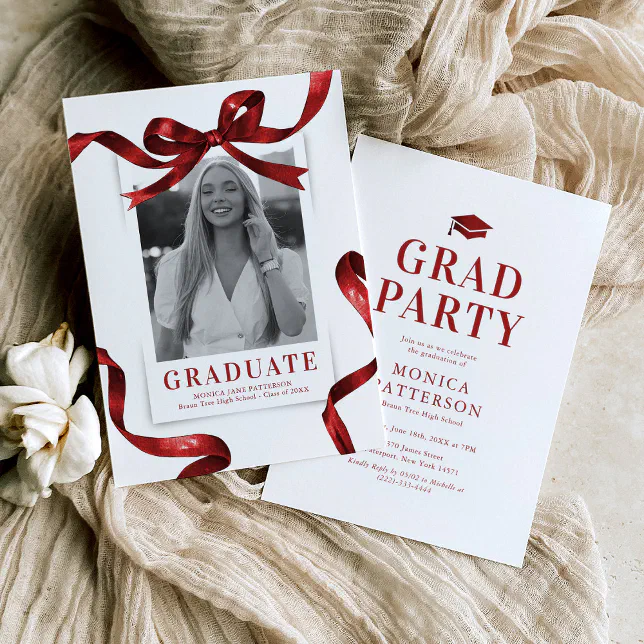 Red Bow Photo Graduation Party Invitation | Zazzle