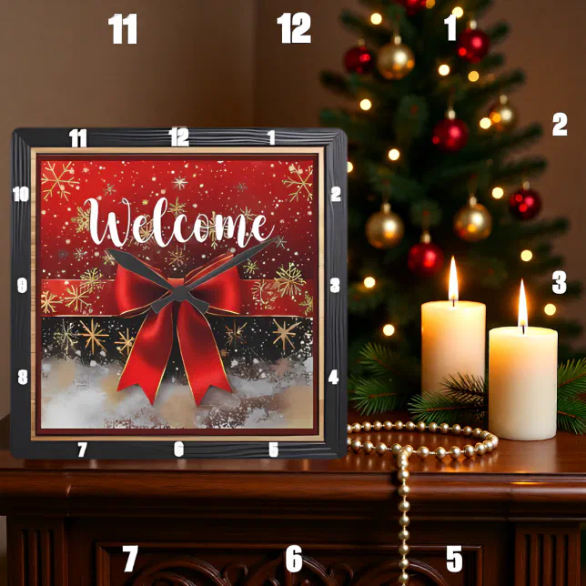 Red Bow Welcome Christmas Square Wall Clock | Zazzle