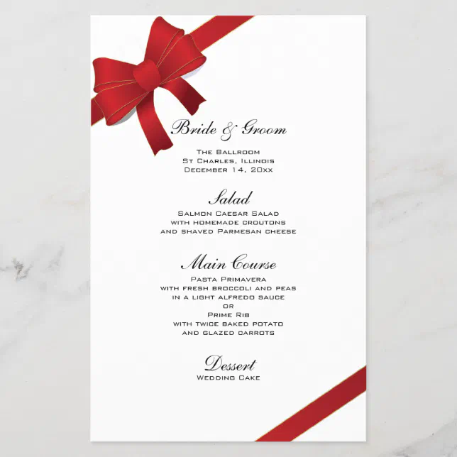 Red Bows Winter Wedding Menu | Zazzle