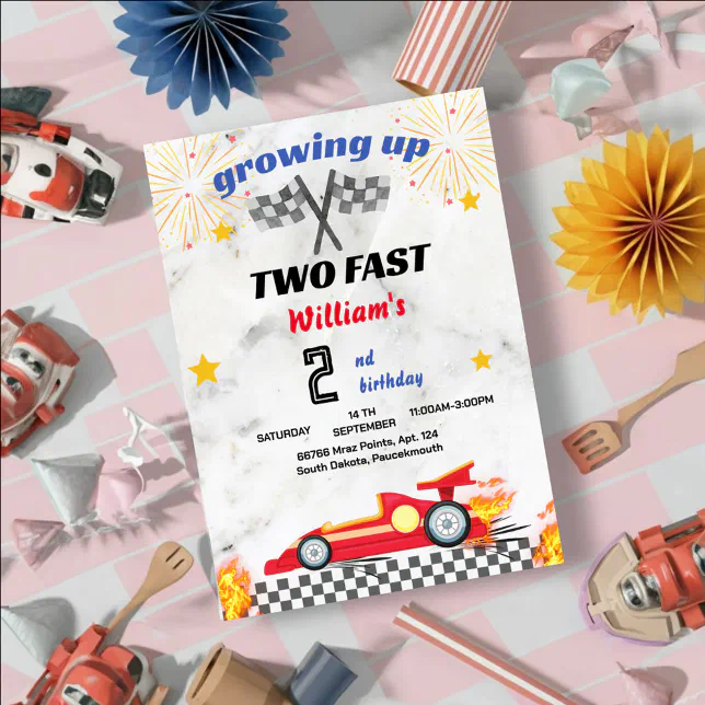 red boy cars Race Car two fast 2nd birthday Invitation | Zazzle