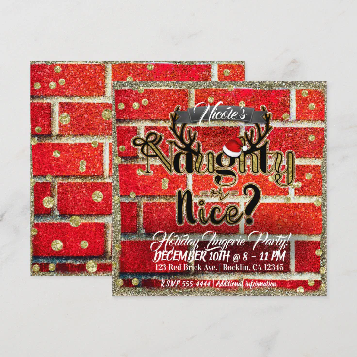Red Brick And Glitter Holiday Naughty Or Nice Party Invitation Zazzle
