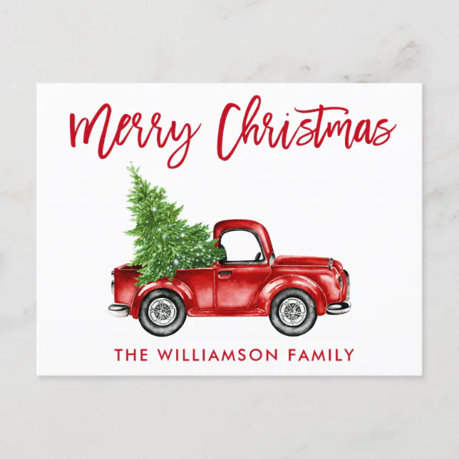 Red Brush Script Vintage Truck Christmas Tree Postcard | Zazzle