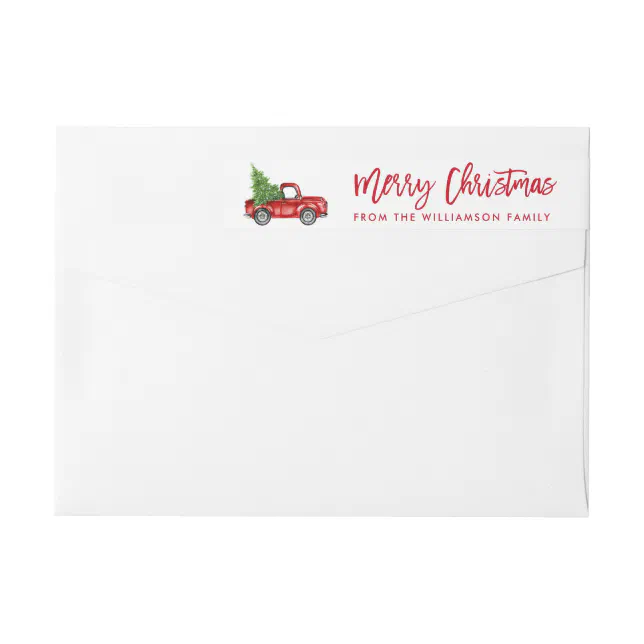 Red Brush Script Vintage Truck Christmas Tree Wrap Around Label | Zazzle