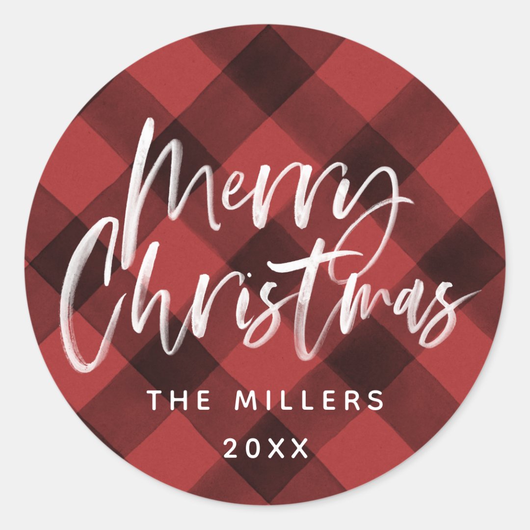 Red Buffalo Check Pattern Family Name Classic Round Sticker | Zazzle