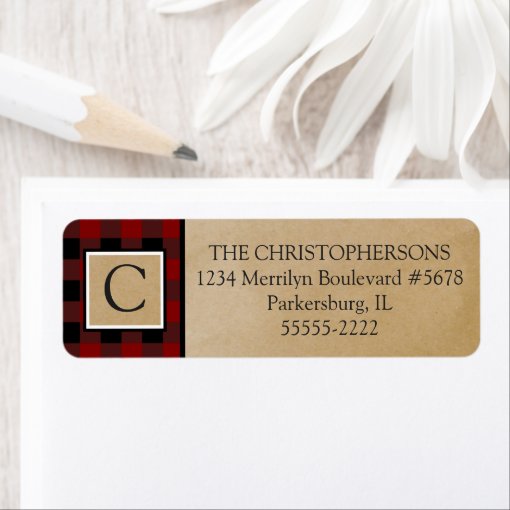 Red Buffalo Check Plaid | Kraft Paper Monogram Label | Zazzle