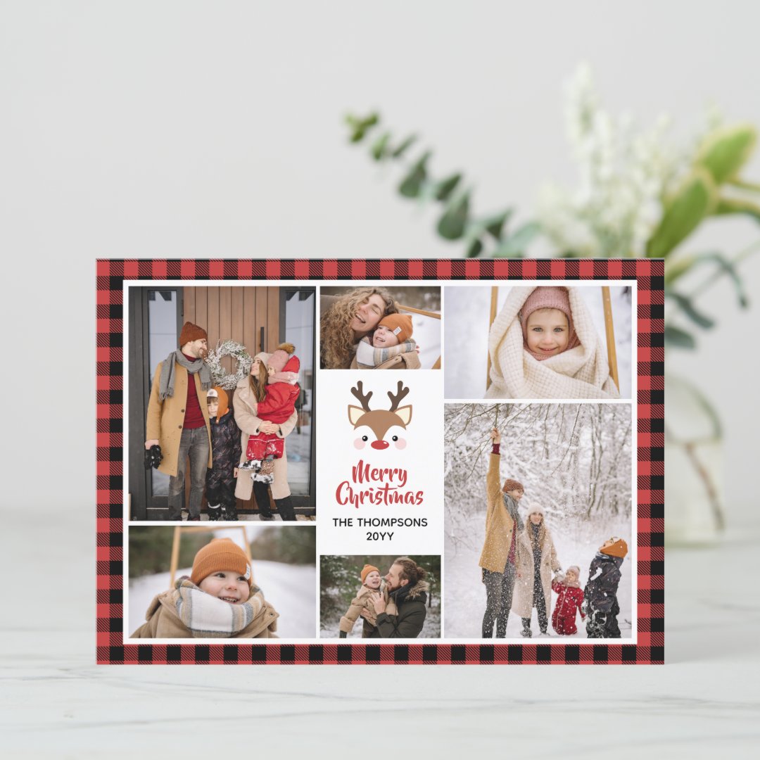 Red Buffalo Check Reindeer Photo Collage Christmas Holiday Card | Zazzle