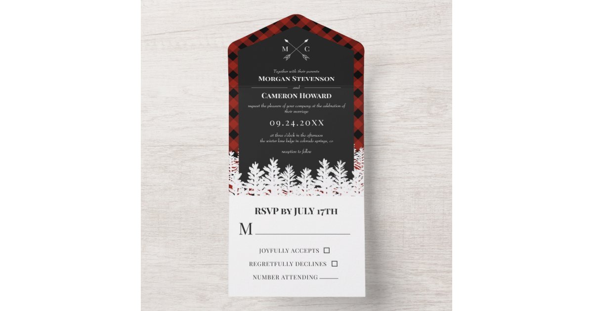 Red Buffalo Check Rustic Arrow Monogram Wedding All In One Invitation ...