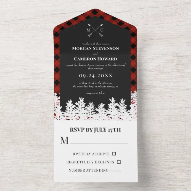 Red Buffalo Check Rustic Arrow Monogram Wedding All In One Invitation ...