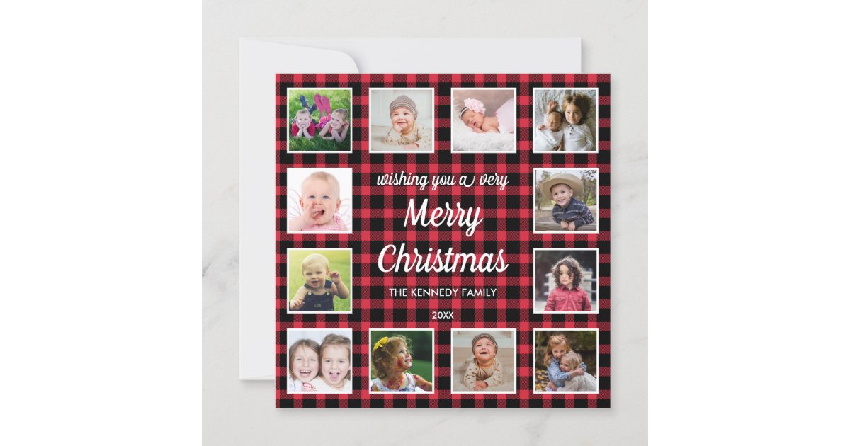 Red Buffalo Plaid 12 Photo Collage Christmas Holiday Card | Zazzle