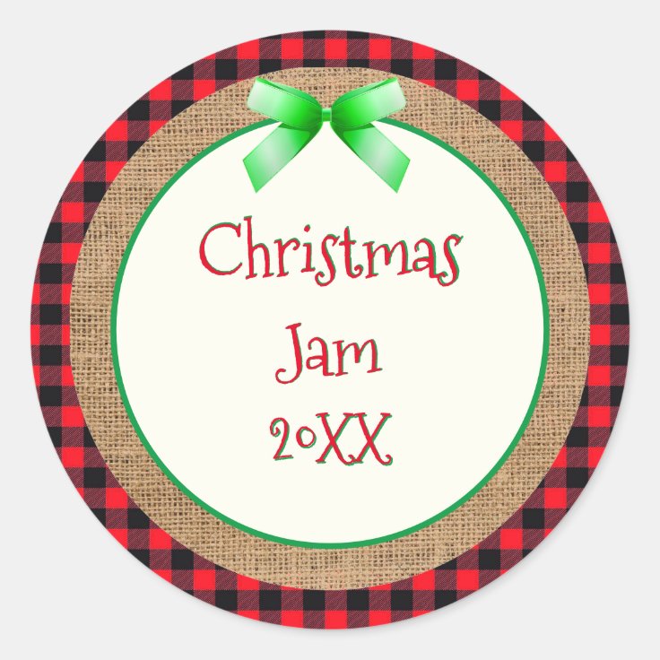 Red Buffalo Plaid and Burlap Christmas Jam Label | Zazzle