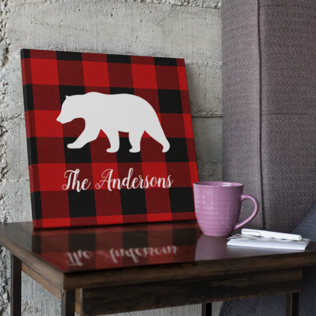Red Buffalo Plaid & Bear | Personal Name Gift Canvas Print | Zazzle