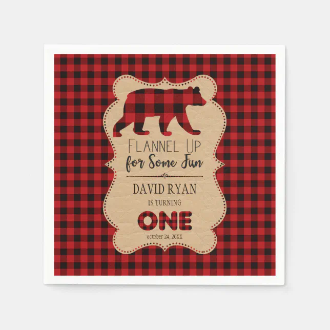 Red Buffalo Plaid Birthday ONE Custom Paper Napkins | Zazzle