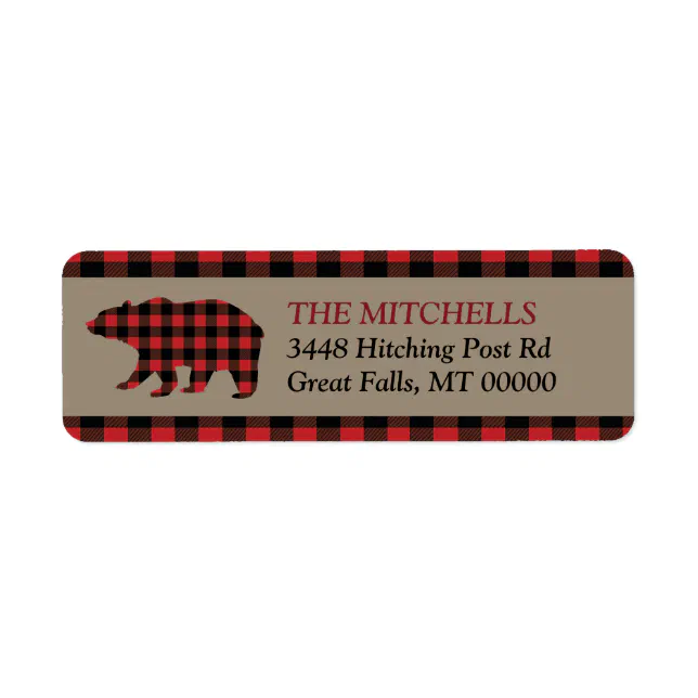 Red Buffalo Plaid Border Bear Label | Zazzle