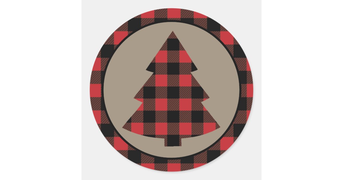 Red Buffalo Plaid Border Christmas Tree Classic Round Sticker | Zazzle