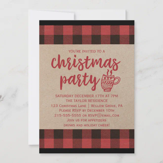 Red Buffalo Plaid Christmas Party Invitation | Zazzle