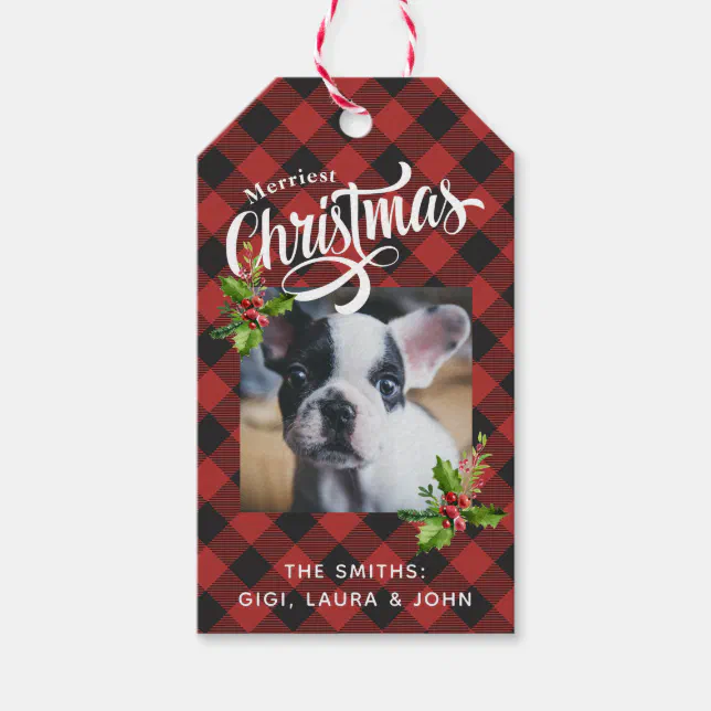 Red Buffalo Plaid Christmas Photo Gift Tags | Zazzle
