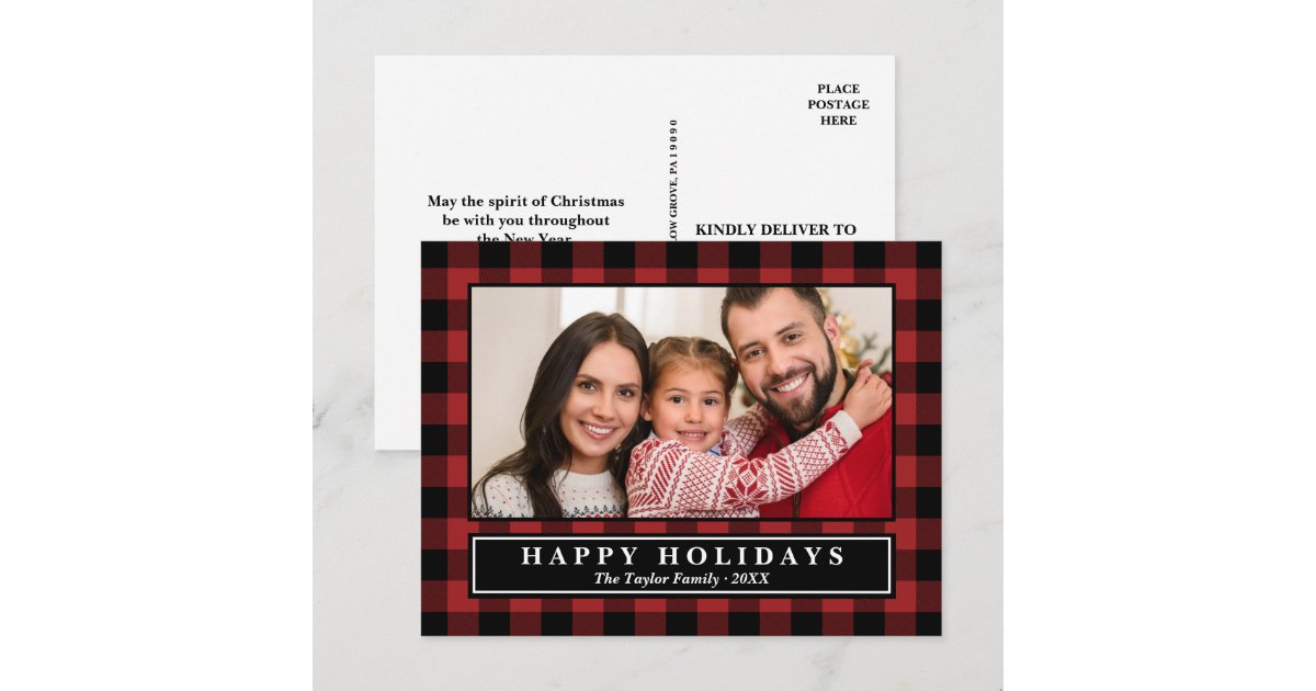Red Buffalo Plaid Christmas Photo Holiday Postcard | Zazzle