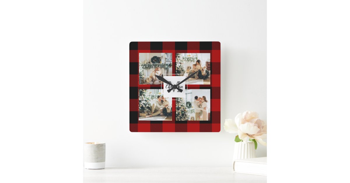 Red Buffalo Plaid & Collage Photo With Initial Square Wall Clock | Zazzle