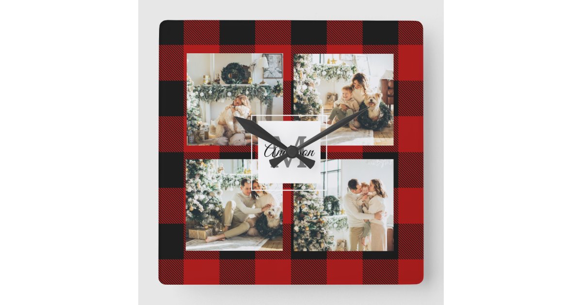 Red Buffalo Plaid & Collage Photo With Initial Square Wall Clock | Zazzle