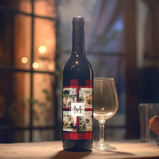 Red Buffalo Plaid & Collage Photo With Initial Wine Label | Zazzle