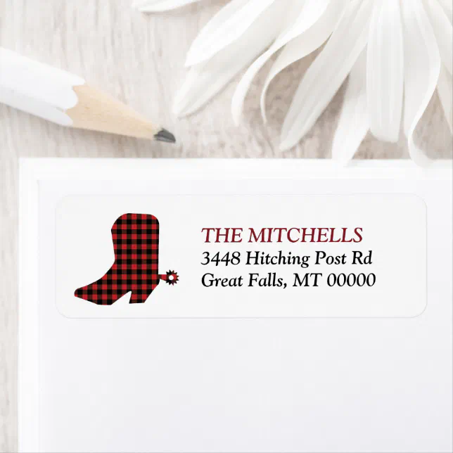 Red Buffalo Plaid Cowboy Boot Return Address Label | Zazzle
