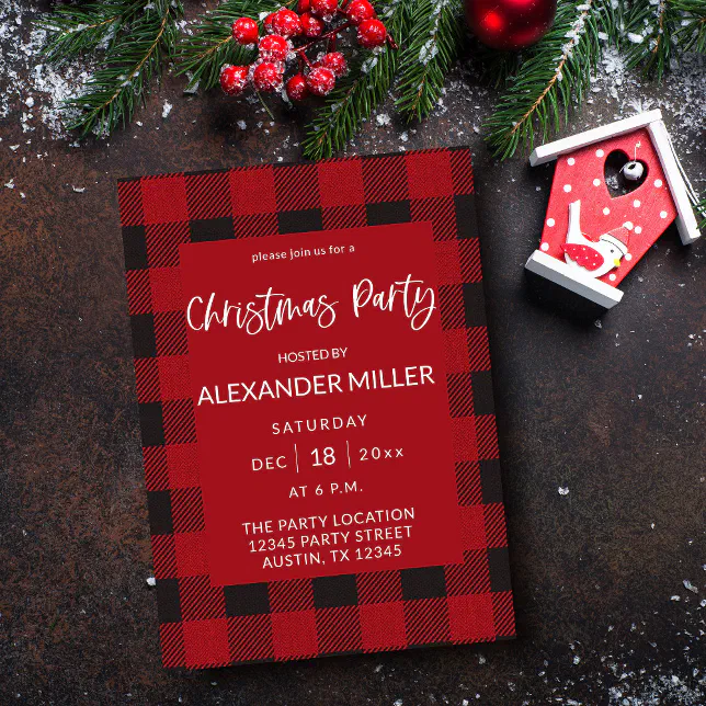 Red Buffalo Plaid Flannel Christmas Party Invitation | Zazzle