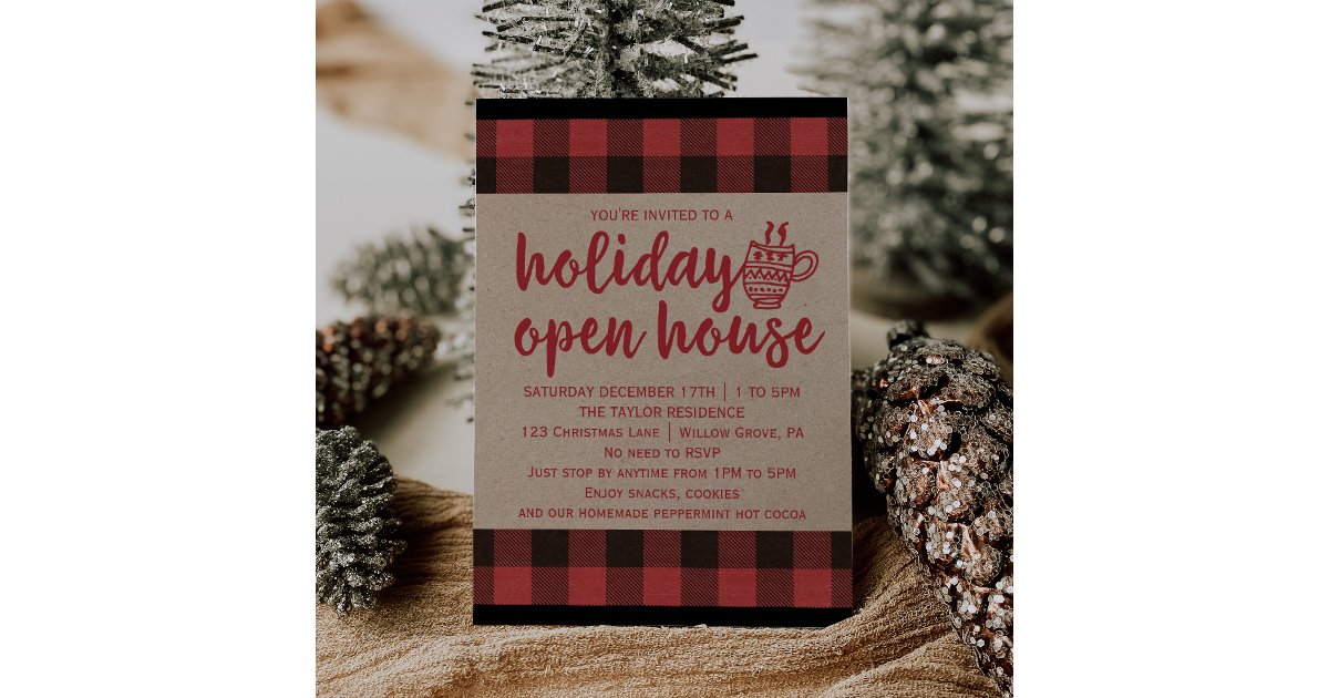 Red Buffalo Plaid Holiday Open House Invitation | Zazzle
