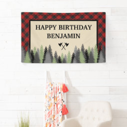 Red Buffalo Plaid Lumberjack Birthday Party Banner | Zazzle